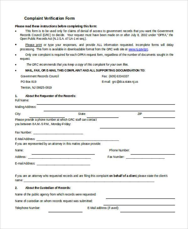 FREE 8+ Complaint Verification Forms in PDF | MS Word