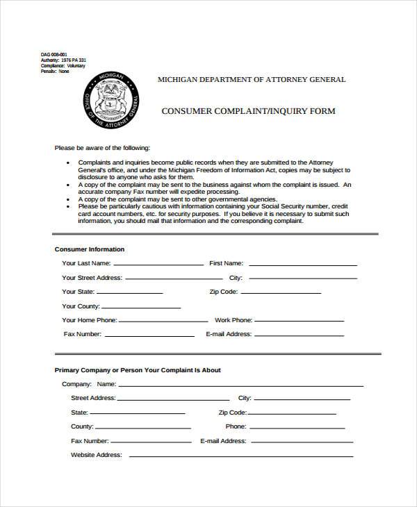 FREE 10+ Sample Consumer Complaint Forms in MS Word | PDF
