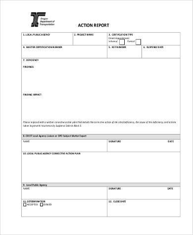 FREE 8+ Sample Action Report Forms in PDF | MS Word