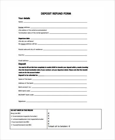 FREE 12+ Deposit Refund Form Samples, PDF, MS Word, Google Docs