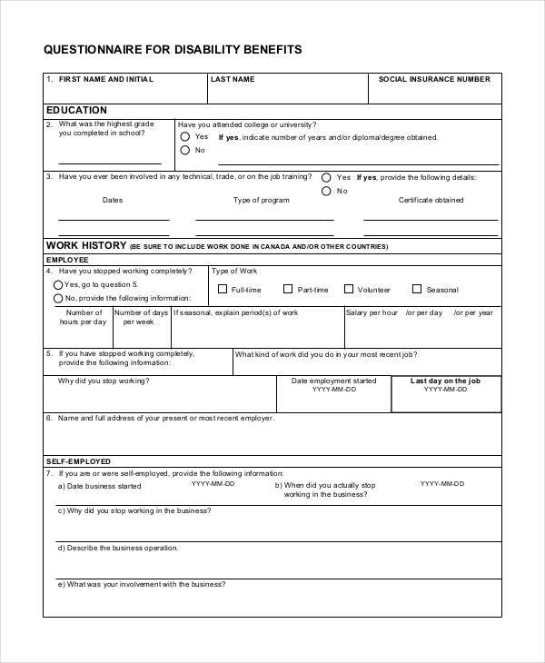 FREE 8+ Sample Disability Questionnaire Forms in PDF | MS Word