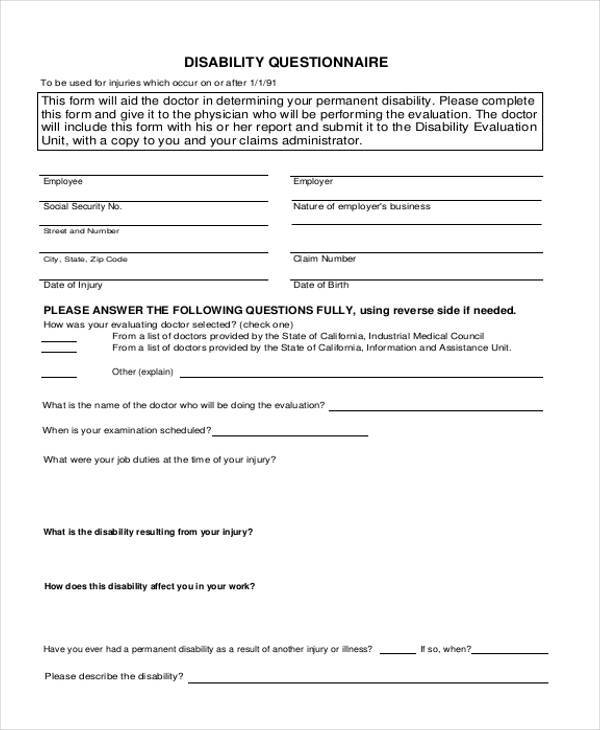 FREE 8+ Sample Disability Questionnaire Forms in PDF | MS Word