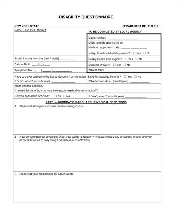 FREE 8+ Sample Disability Questionnaire Forms in PDF | MS Word