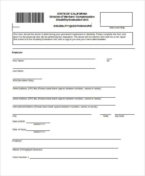 FREE 8+ Sample Disability Questionnaire Forms in PDF | MS Word