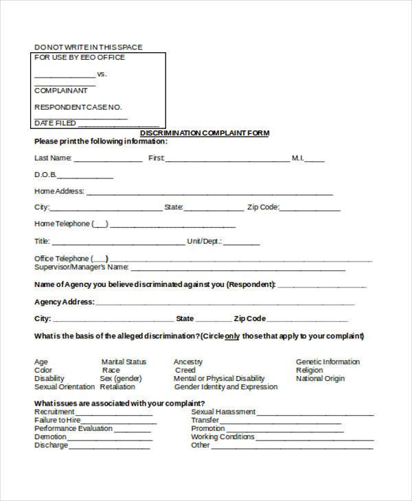 FREE 12+ Discrimination Complaint Forms in PDF | MS Word