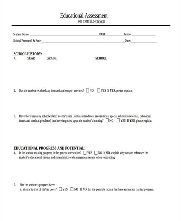 FREE 8+ Education Assessment Form Samples in PDF | MS Word