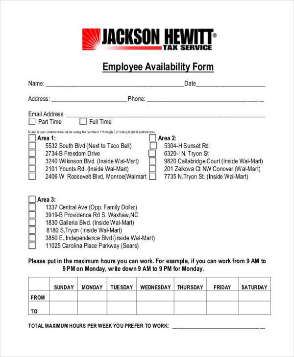 FREE 9+ Sample Employee Availability Forms in PDF | MS Word