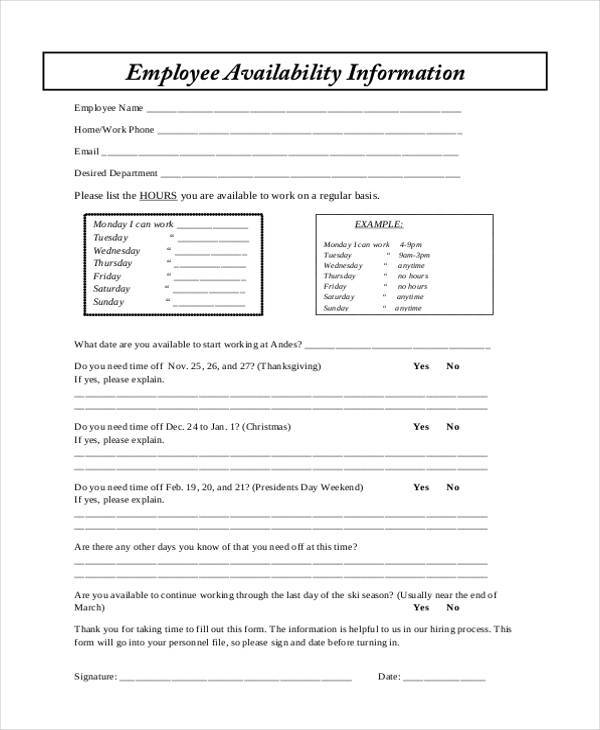 FREE 9+ Sample Employee Availability Forms in PDF | MS Word