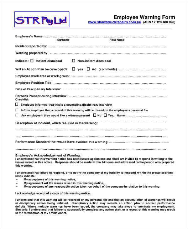 FREE 9+ Sample Employee Warning Forms in PDF | MS Word