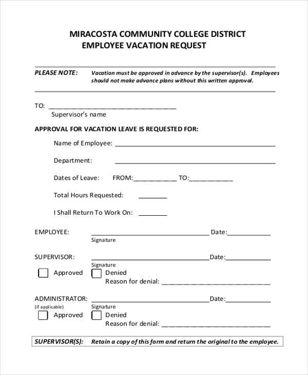 FREE 7+ Sample Employee Vacation Request Forms in PDF | MS Word