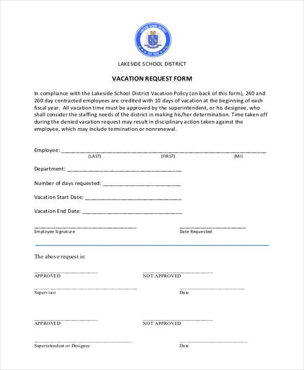 FREE 7+ Sample Employee Vacation Request Forms in PDF | MS Word