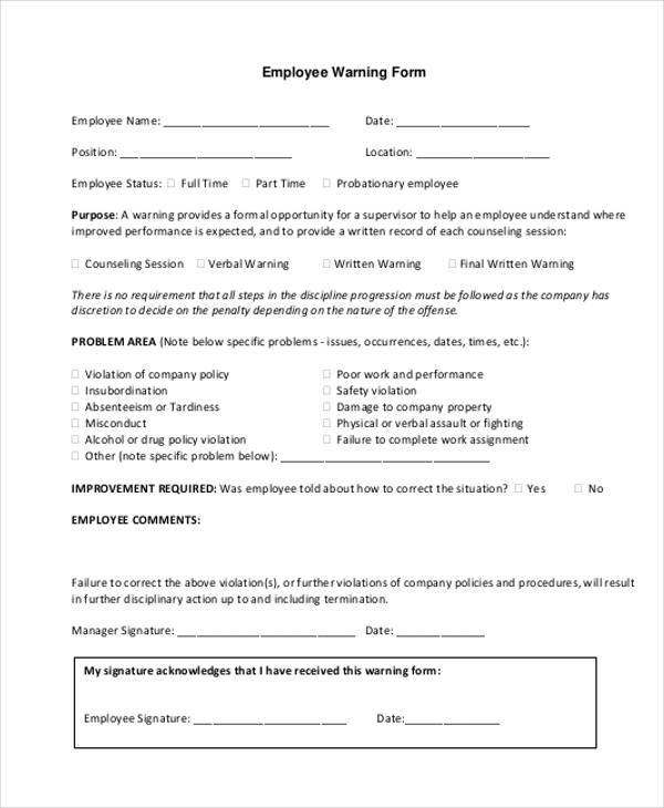 FREE 9+ Sample Employee Warning Forms in PDF | MS Word