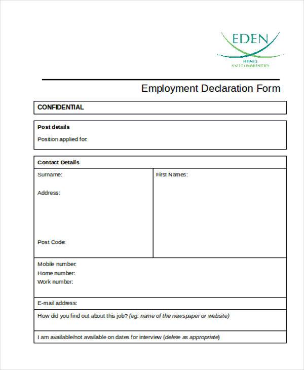 FREE 13+ Employment Declaration Form Samples, PDF, MS Word, Google Docs