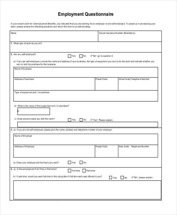 FREE 8+ Sample Employment Questionnaire Forms in PDF | MS Word
