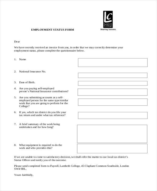 FREE 13+ Employment Status Form Samples, PDF, MS Word, Google Docs, Excel