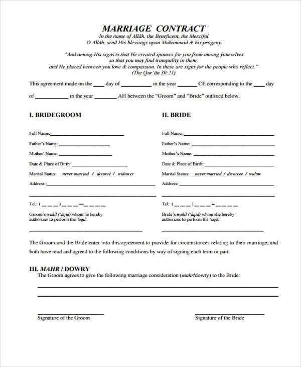 FREE 8 Sample Marriage Contract Forms In PDF MS Word