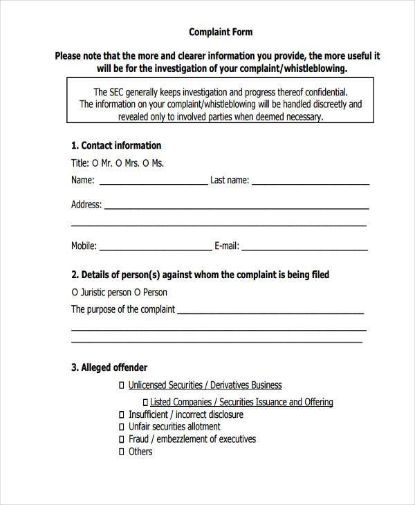FREE 7+ Investor Complaint Forms in PDF | MS Word