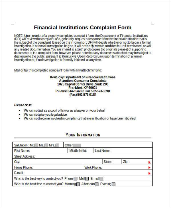 FREE 7+ Sample Financial Complaint Forms in MS Word | PDF