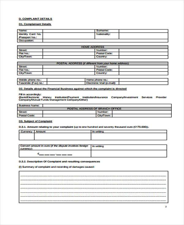 FREE 7+ Sample Financial Complaint Forms in MS Word | PDF