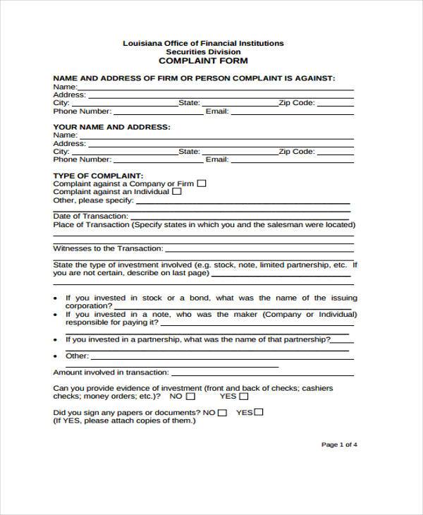 FREE 7+ Sample Financial Complaint Forms in MS Word | PDF