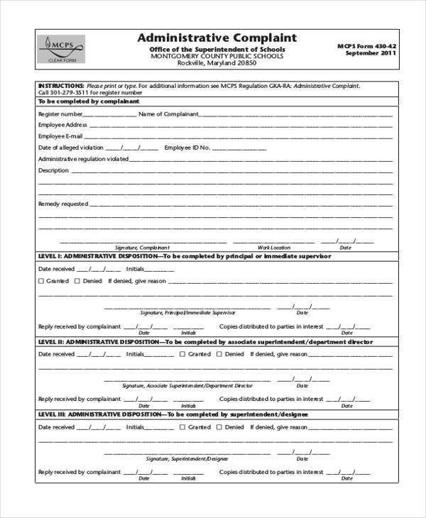 FREE 7+ Sample Administrative Complaint Forms in PDF | MS Word