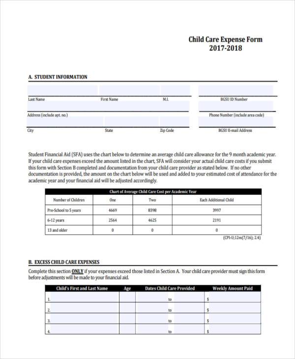 FREE 8+ Sample Child Care Expense Forms in PDF | MS Word