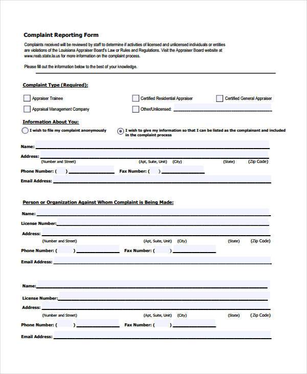 FREE 8+ Sample Complaint Reporting Forms in PDF | MS Word