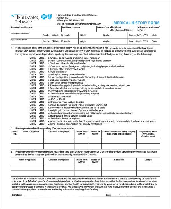 FREE 7+ Sample Employee Medical History Forms in PDF | MS Word