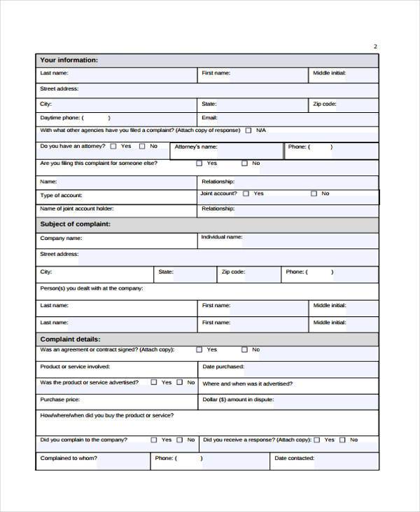 FREE 7+ Sample Financial Complaint Forms in MS Word | PDF