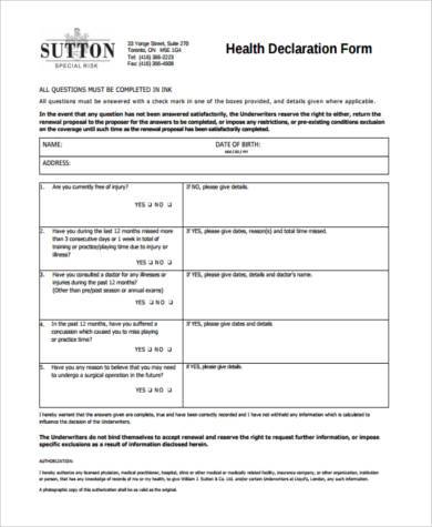 FREE 13+ Health Declaration Form Samples, PDF, MS Word, Google Docs, Excel
