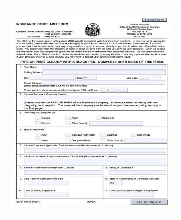 FREE 7+ Sample Insurance Complaint Forms in MS Word | PDF