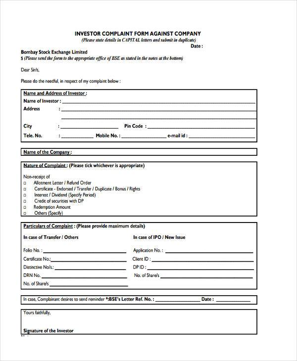 FREE 7+ Investor Complaint Forms in PDF | MS Word