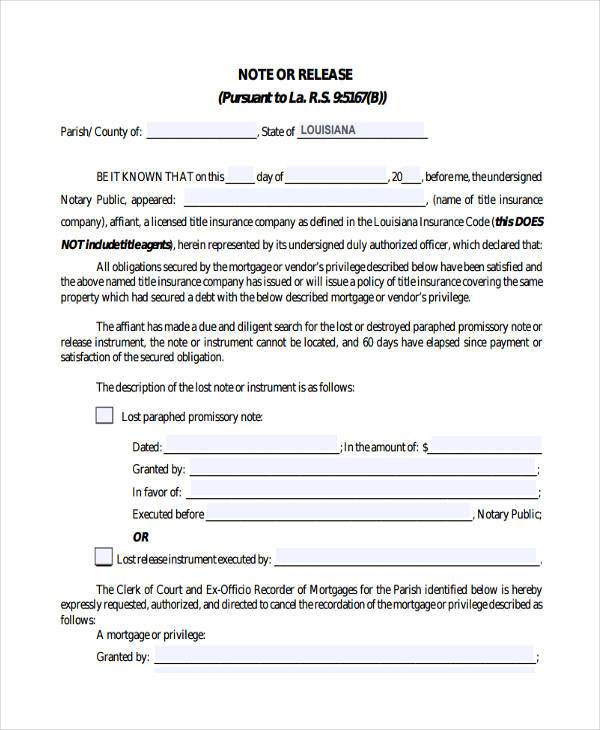 FREE 7+ Sample Note Release Forms in PDF | MS Word