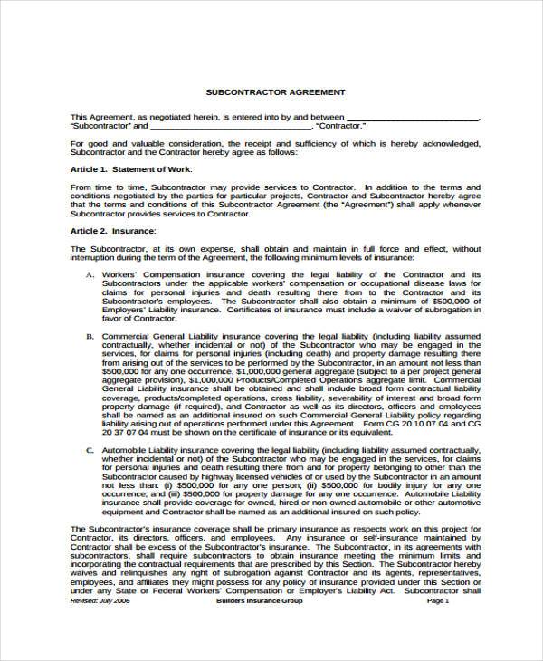 FREE 7+ Sample Subcontractor Contract Forms in PDF | MS Word