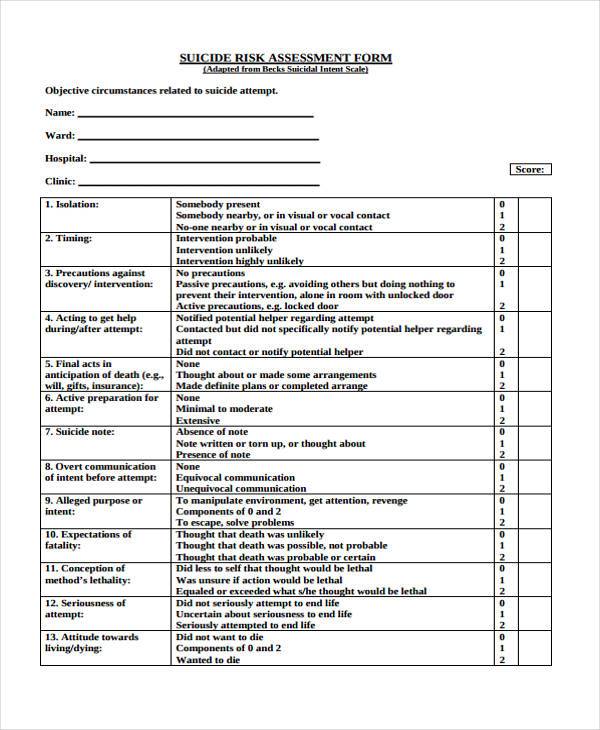 FREE 7+ Suicide Risk Assessment Forms in PDF | MS Word