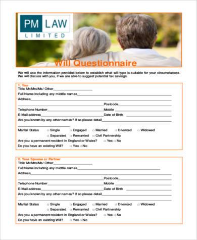 FREE 9+ Sample Will Questionnaire Forms in PDF | MS Word | Excel