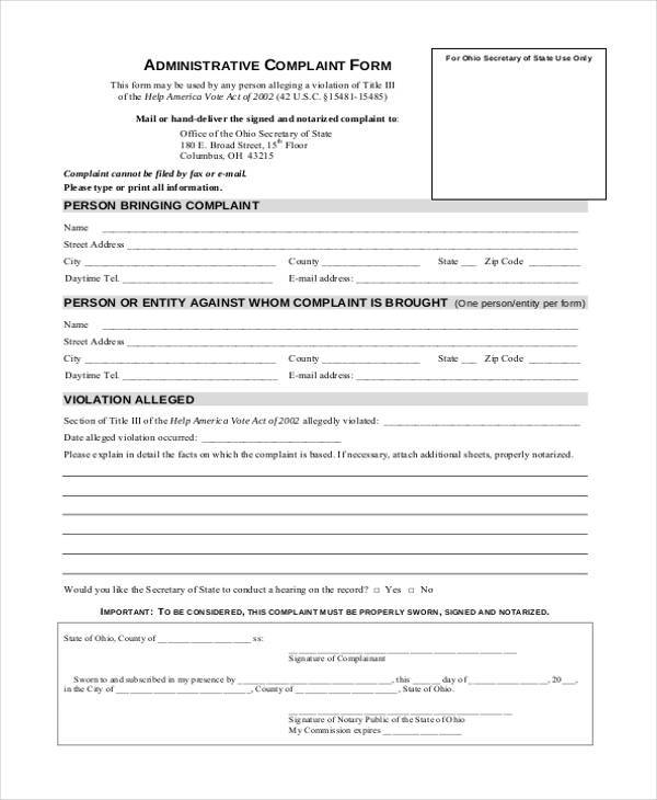 FREE 7+ Sample Administrative Complaint Forms in PDF | MS Word
