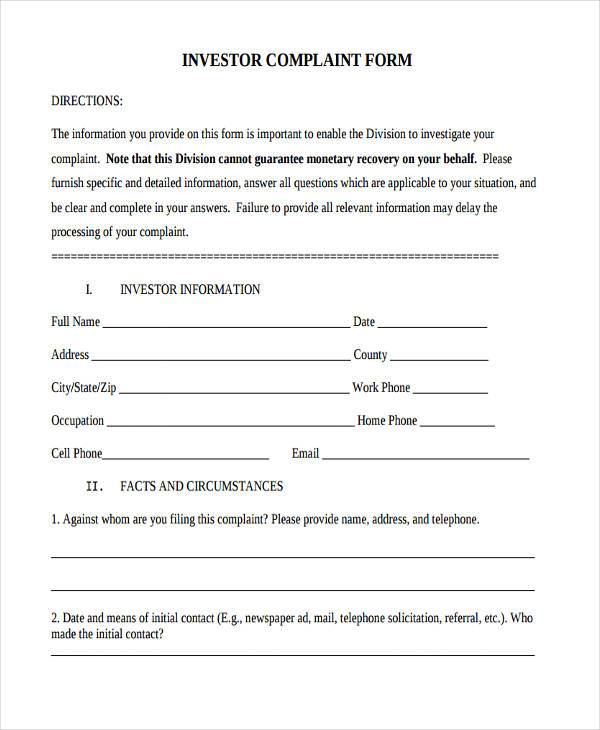 FREE 7+ Investor Complaint Forms in PDF | MS Word