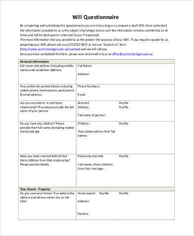 FREE 9+ Sample Will Questionnaire Forms in PDF | MS Word | Excel