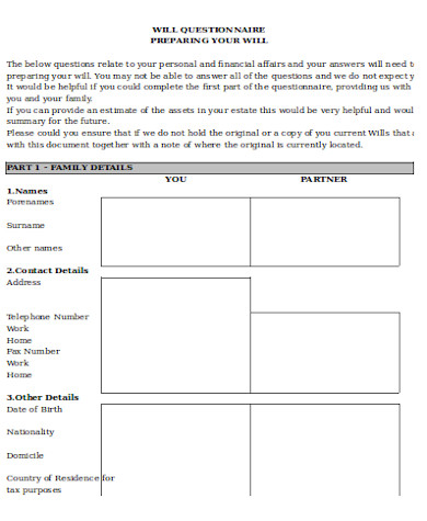 FREE 9+ Sample Will Questionnaire Forms in PDF | MS Word | Excel