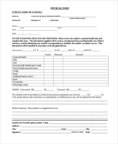 FREE 9+ Sample Generic Physical Forms in PDF | MS Word