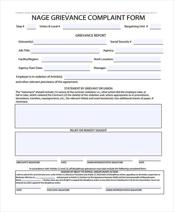 FREE 8+ Sample Grievance Complaint Forms in PDF | MS Word