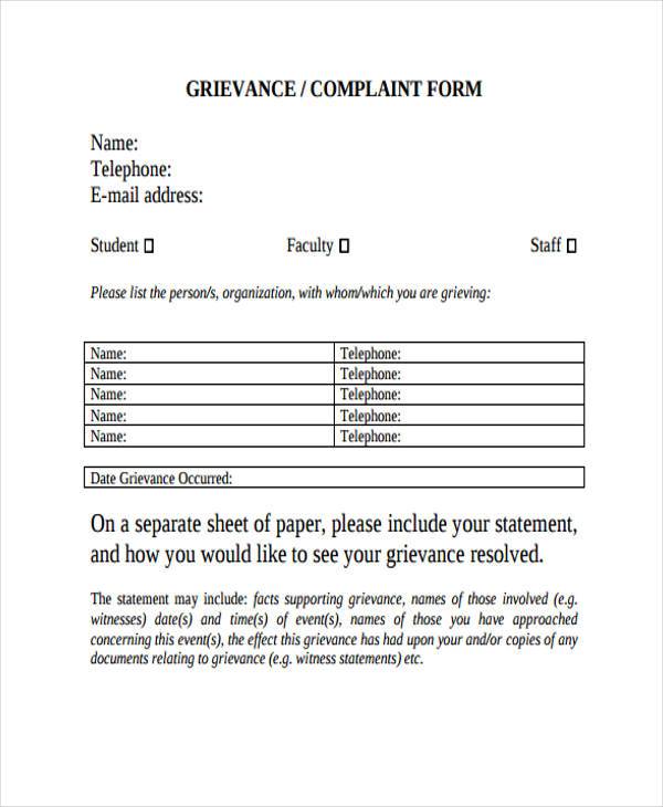 FREE 8+ Sample Grievance Complaint Forms in PDF | MS Word