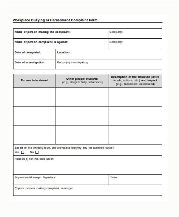 FREE 7+ Sample Harassment Complaint Forms in MS Word | PDF