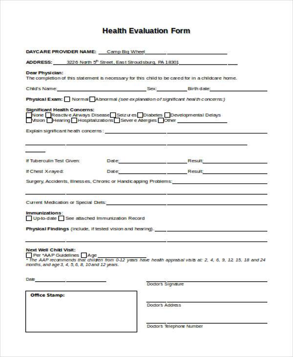 FREE 7+ Sample Health Evaluation Forms in PDF | MS Word