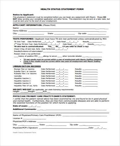 FREE 7+ Sample Health Statement Forms in PDF | MS Word