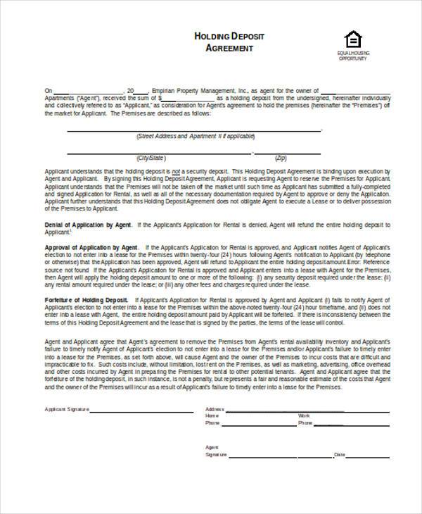FREE 13+ Holding Deposit Agreement Form Samples, PDF, MS Word, Google Docs