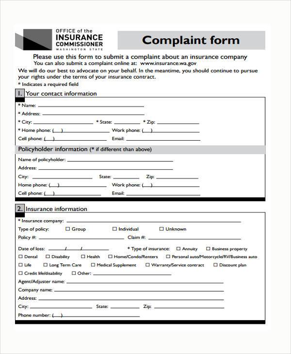 FREE 7+ Sample Insurance Complaint Forms in MS Word | PDF