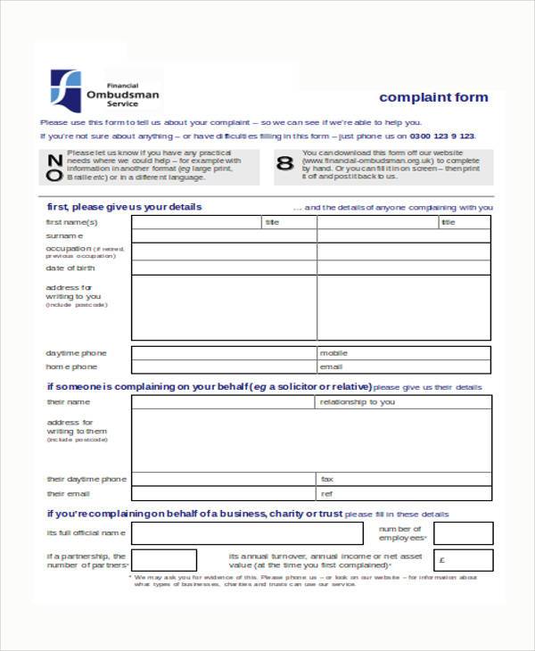FREE 7+ Sample Insurance Complaint Forms in MS Word | PDF