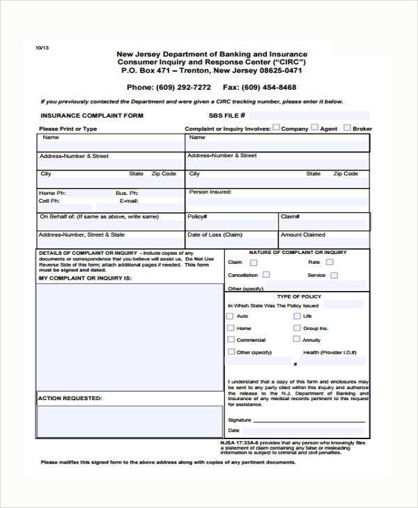 FREE 7+ Sample Insurance Complaint Forms in MS Word | PDF